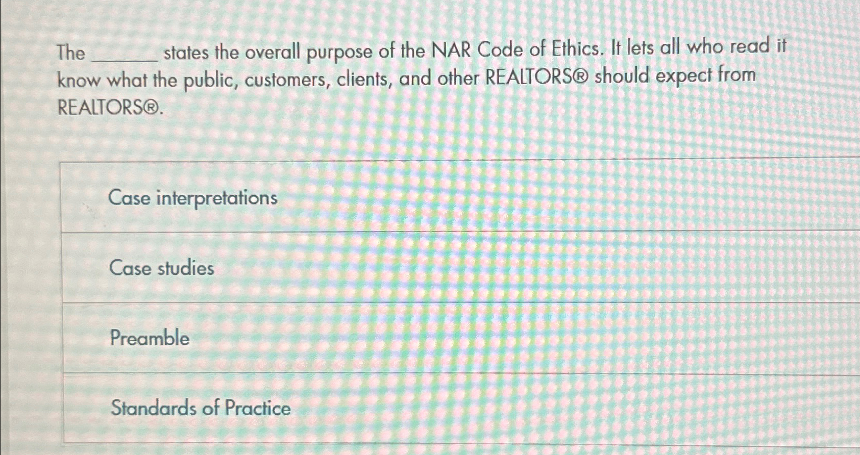 Solved The states the overall purpose of the NAR Code of | Chegg.com