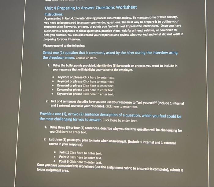 Solved Unit 4 Preparing to Answer Questions Worksheet | Chegg.com