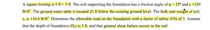 Solved A square footing is 5ft×5ft. The soil supporting the | Chegg.com