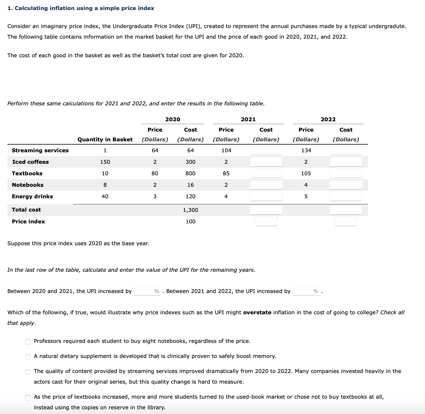 Solved 1. ﻿Calculating inflation using a simple price | Chegg.com