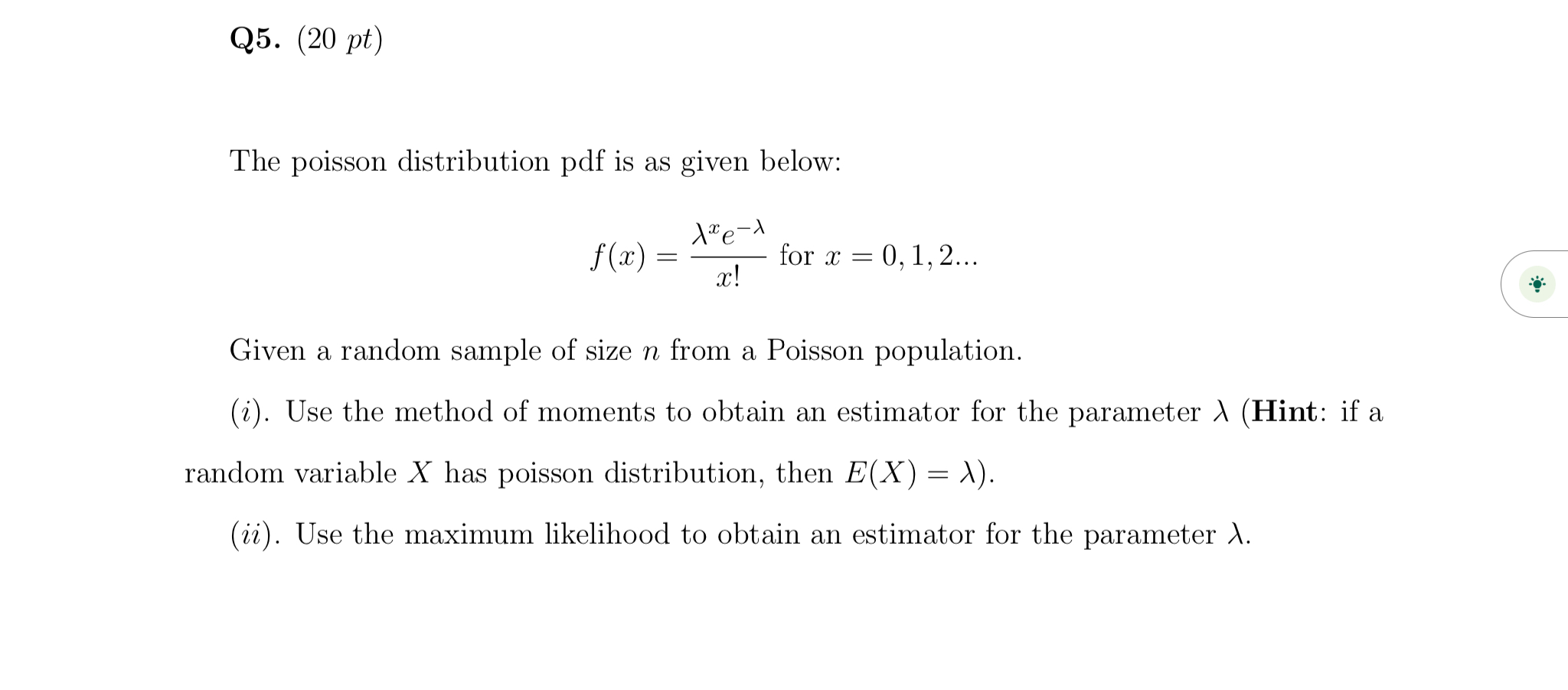 Solved Q5. (20pt)The poisson distribution pdf is as given | Chegg.com