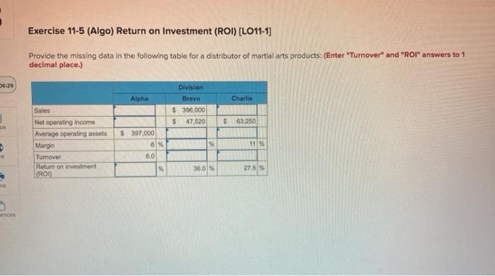 Solved Exercise 11-5 (Algo) Return on Investment (ROI) | Chegg.com