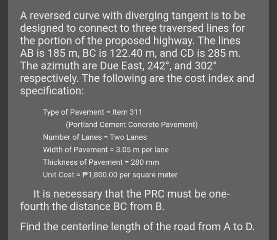 Solved A reversed curve with diverging tangent is to be | Chegg.com
