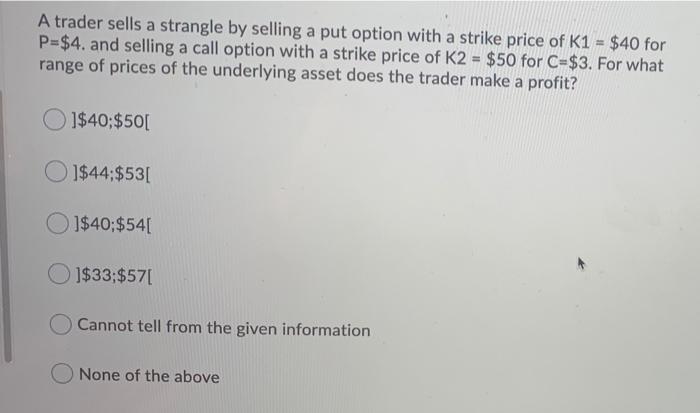 Solved A trader sells a strangle by selling a put option | Chegg.com