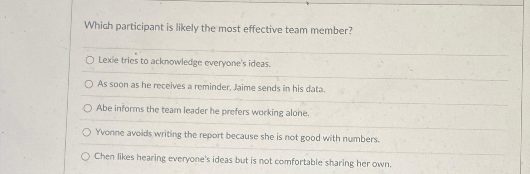 Solved Which participant is likely the most effective team | Chegg.com