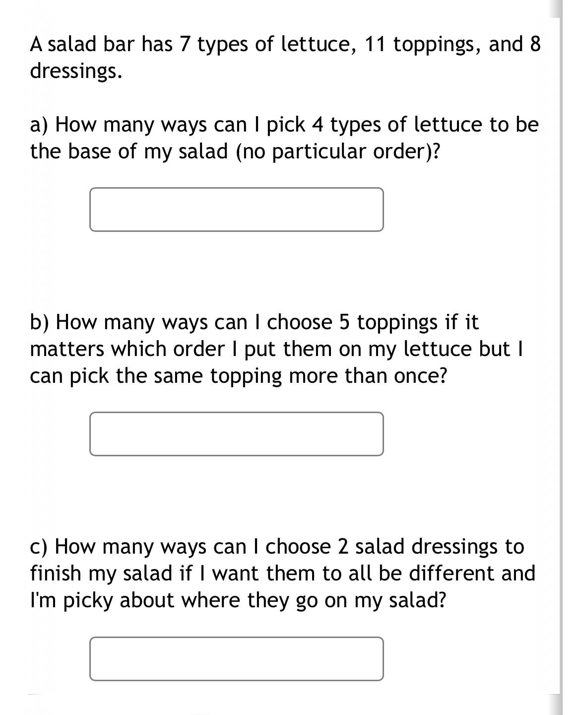 Solved A salad bar has 7 ﻿types of lettuce, 11 ﻿toppings, | Chegg.com