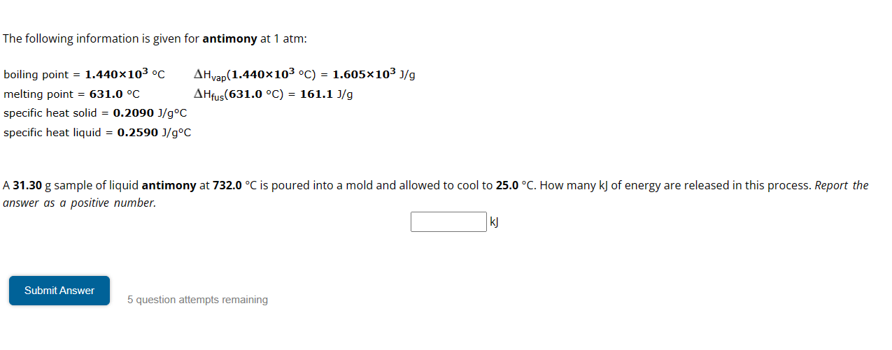 The following information is given for antimony at 1 | Chegg.com