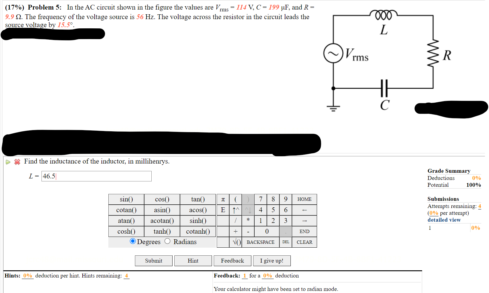 Solved (17%) ﻿Problem 5: In the AC circuit shown in the | Chegg.com