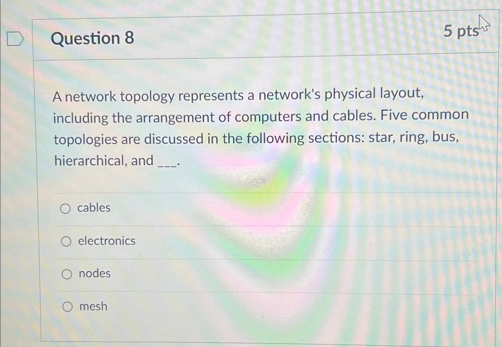 Solved Question 85 ﻿ptsA network topology represents a | Chegg.com