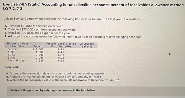 Solved Exercise 7-8A (Static) Accounting for uncollectible | Chegg.com