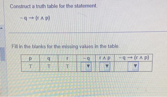 Solved Construct a truth table for the statement. ∼q→(r∧p) | Chegg.com
