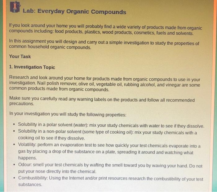 Solved I Lab: Everyday Organic Compounds If you look around | Chegg.com