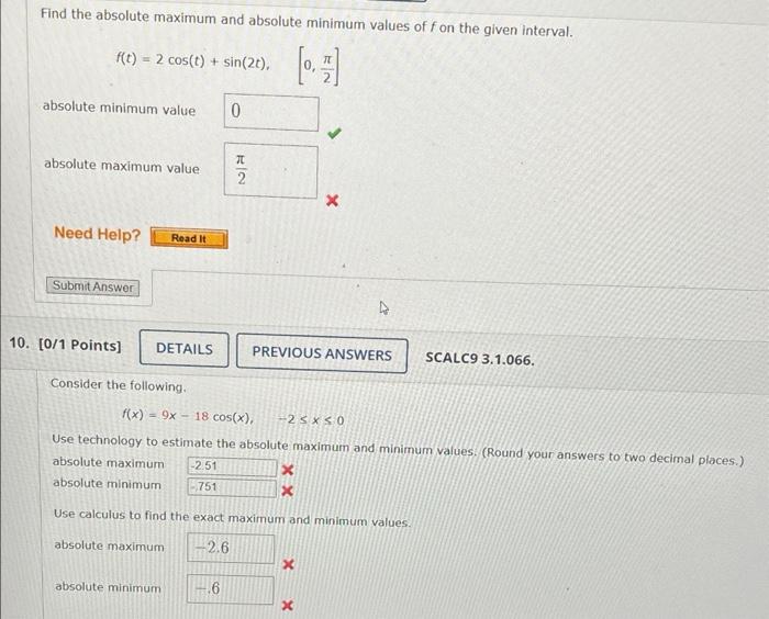 Solved Find the absolute maximum and absolute minimum values | Chegg.com