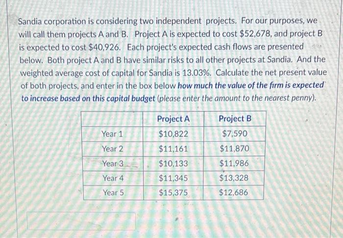 Solved Sandia corporation is considering two independent | Chegg.com