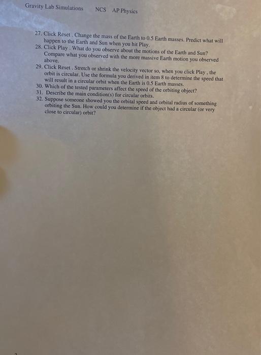 Gravity Lab Simulations NCS AP Physics 27. Click | Chegg.com