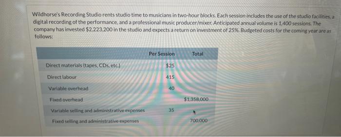 Solved Wildhorse's Recording Studio rents studio time to | Chegg.com