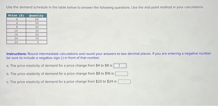 Solved Use the demand schedule in the table below to answer | Chegg.com