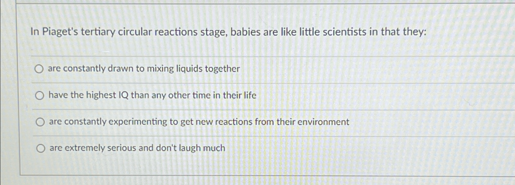 Solved In Piaget's tertiary circular reactions stage, babies | Chegg.com