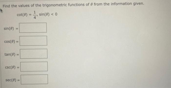 Solved Find the values of the trigonometric functions of θ | Chegg.com