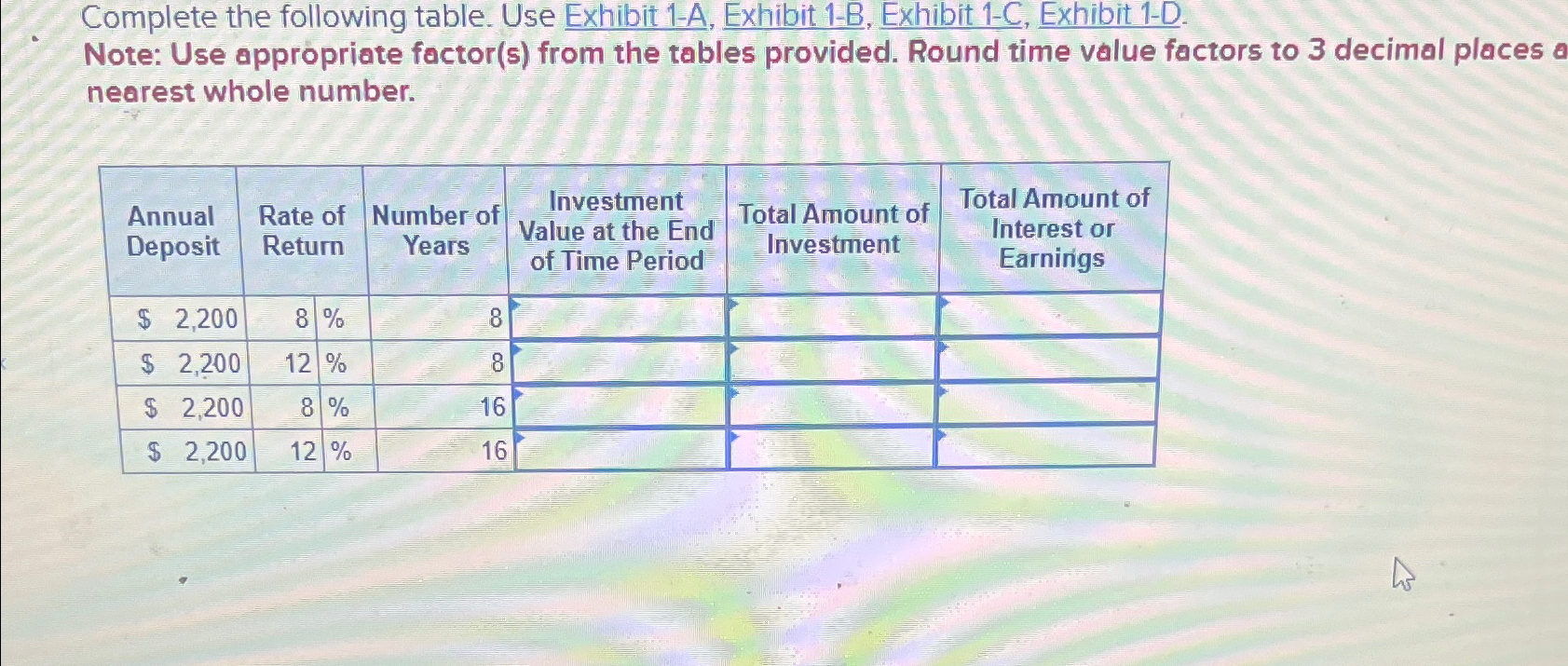 Complete the following table. Use Exhibit 1-A, | Chegg.com
