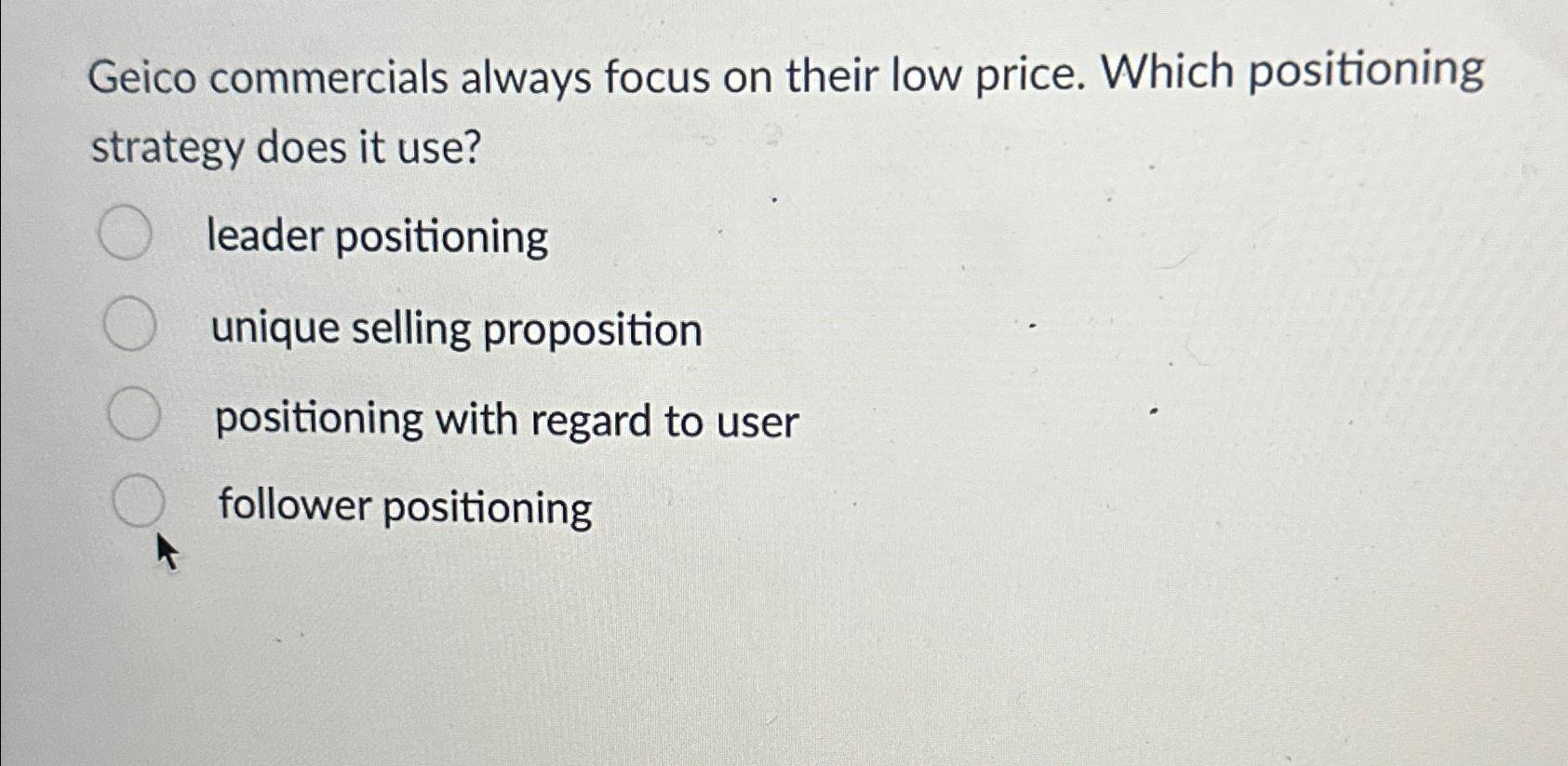 Solved Geico commercials always focus on their low price. | Chegg.com