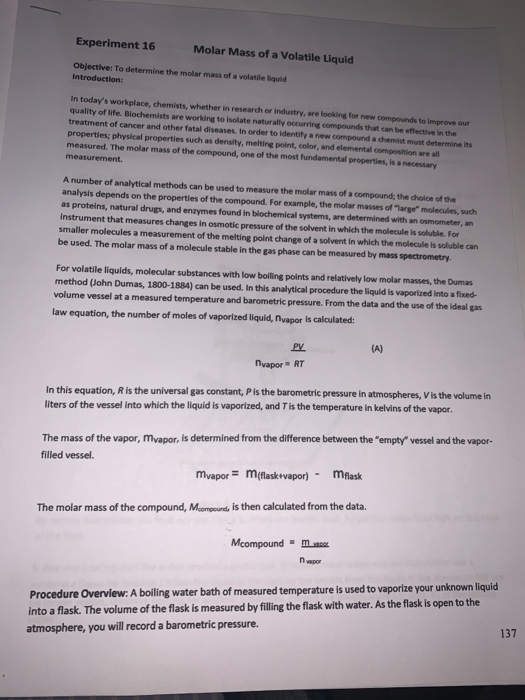 Experiment 16 Molar Mass of a Volatile Liquid | Chegg.com