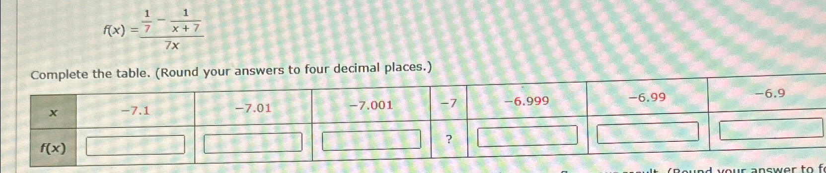 Solved f(x)=17-1x+77xComplete the table. (Round your answers | Chegg.com