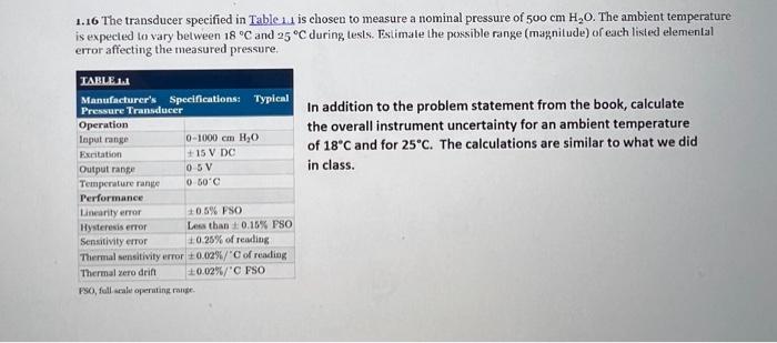1.16 The transducer specified in Table 1.1 is chosen | Chegg.com