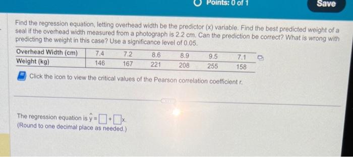 Solved Find the regression equation, letting overhead width | Chegg.com