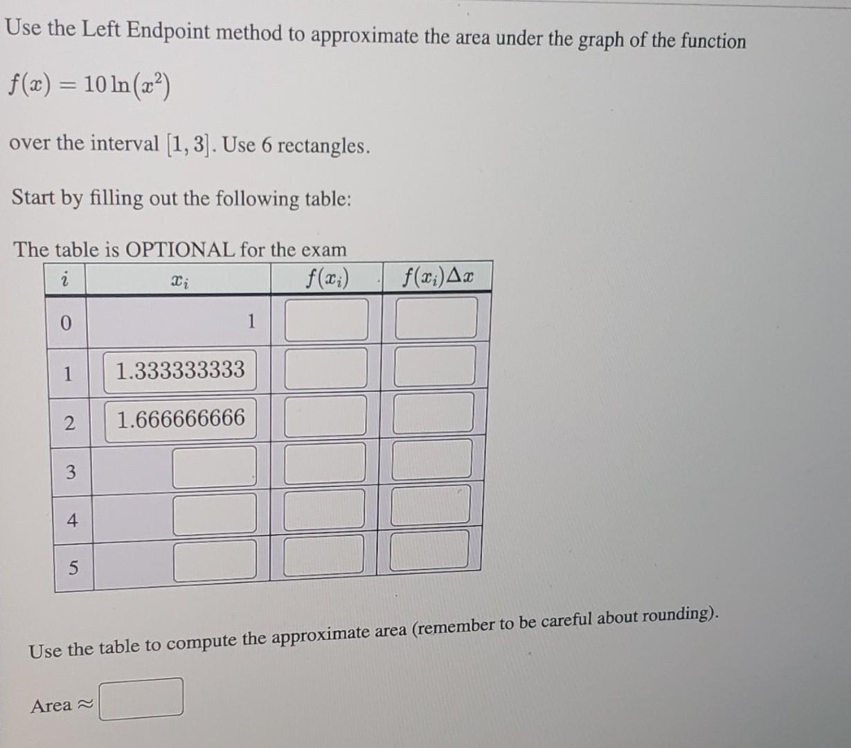 Solved Use the Left Endpoint method to approximate the area | Chegg.com