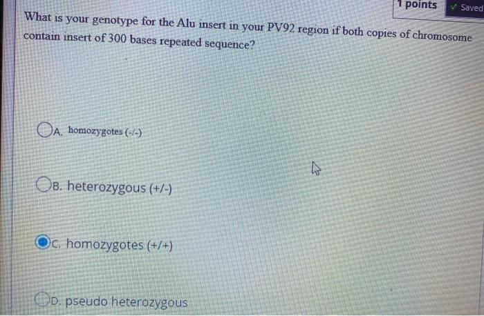 Solved 1 points Saved What is your genotype for the Alu | Chegg.com