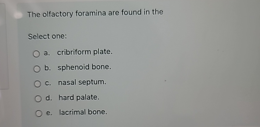 Solved The olfactory foramina are found in theSelect one:a. | Chegg.com