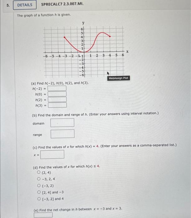 Solved SPRECALC7 2.3.007.MI. The graph of a function h is | Chegg.com