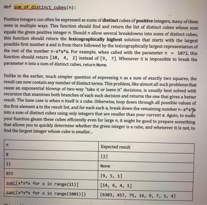 Solved def sum of distinct.cubes (n): Positive integers can | Chegg.com