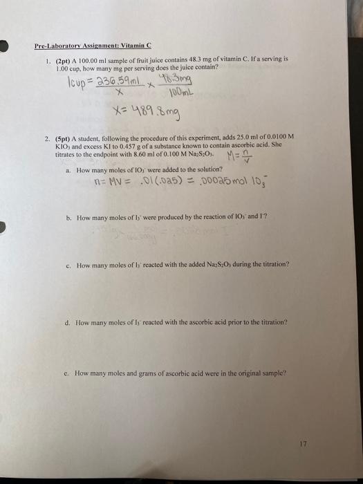 Solved Pre-Laboratory Assignment: Vitamin C 1. (pt) A 100.00 | Chegg.com