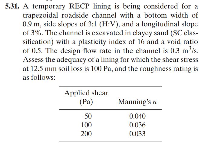 Solved 5.31. ﻿A temporary RECP lining is being considered | Chegg.com