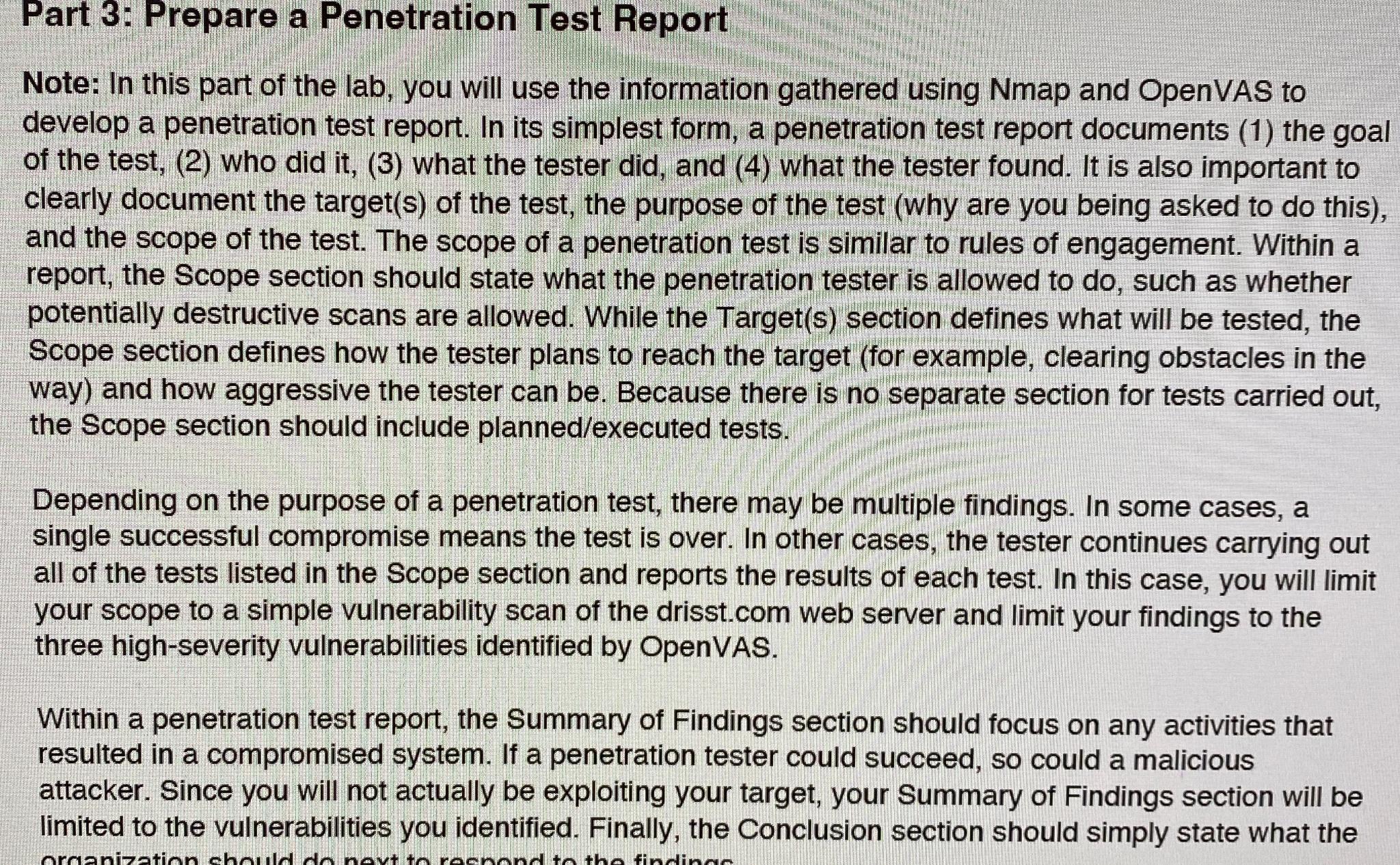 Solved Part 3: Prepare a Penetration Test ReportNote: In | Chegg.com