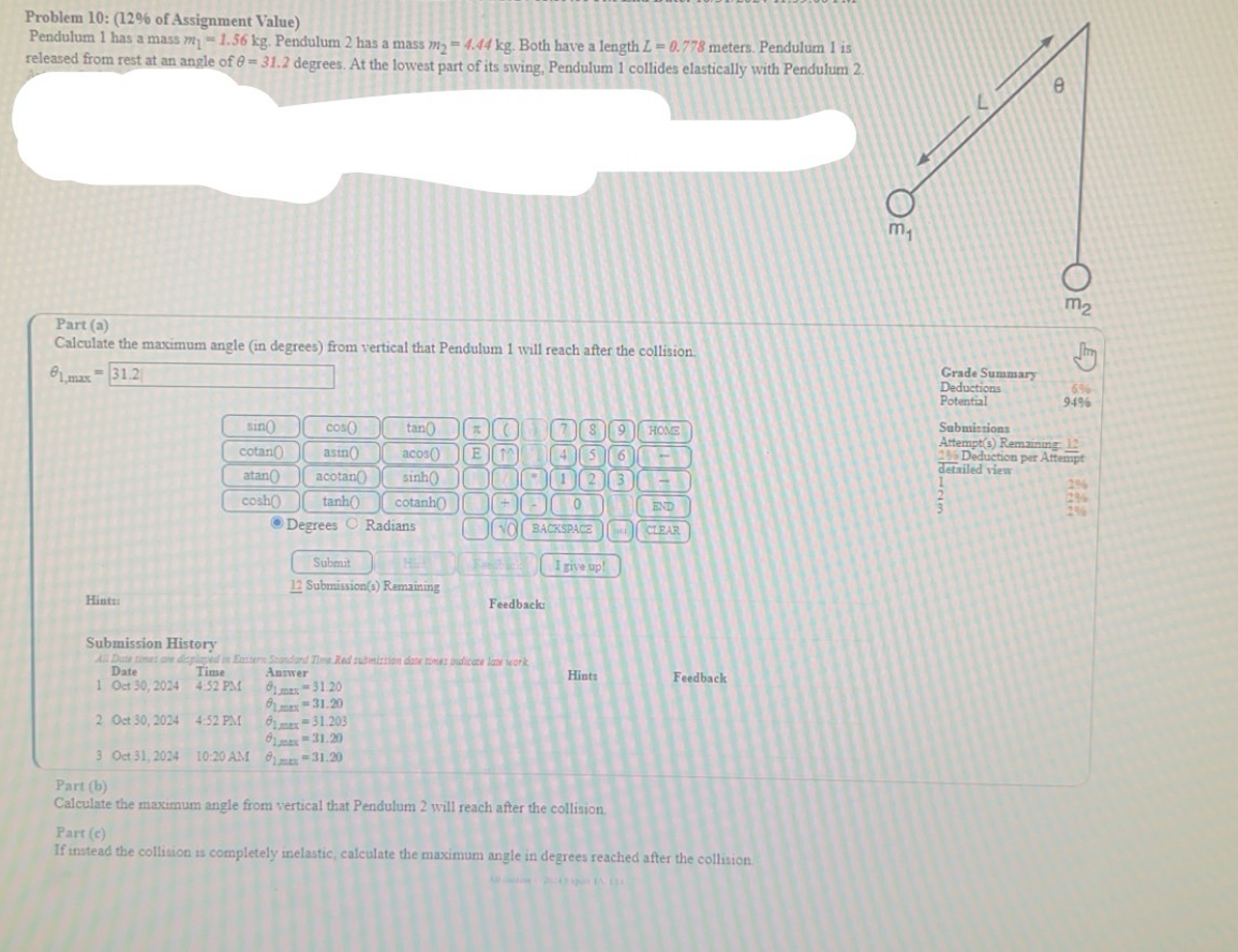 Solved Problem 10: (12% ﻿of Assignment Value)Pendulum 1 ﻿has | Chegg.com