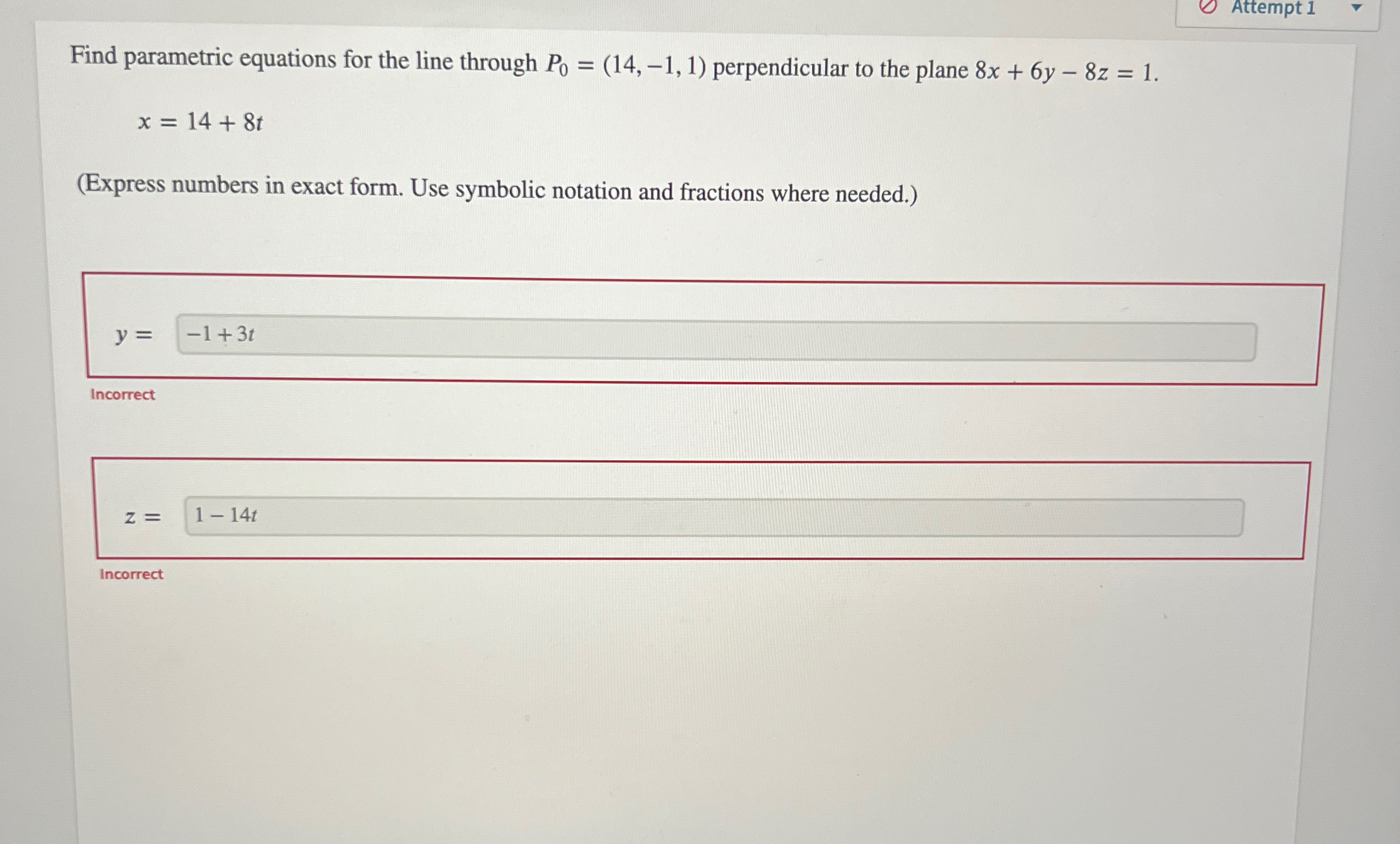 Solved Attempt 1Find parametric equations for the line | Chegg.com