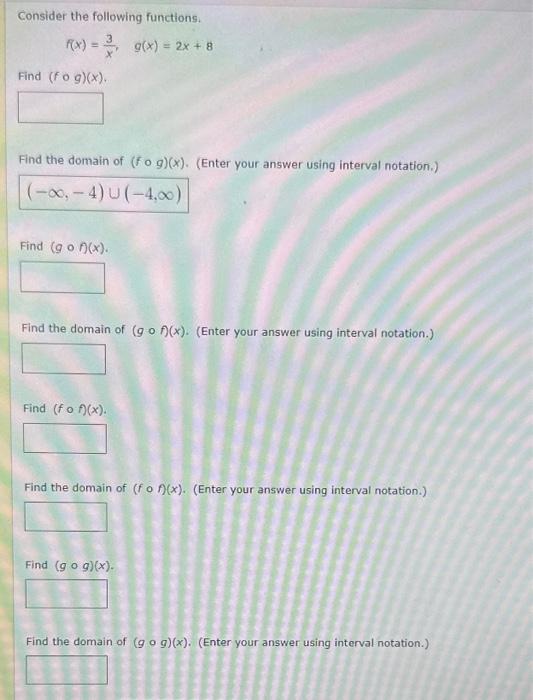 Solved Consider the following functions. f(x)=x3,g(x)=2x+8 | Chegg.com