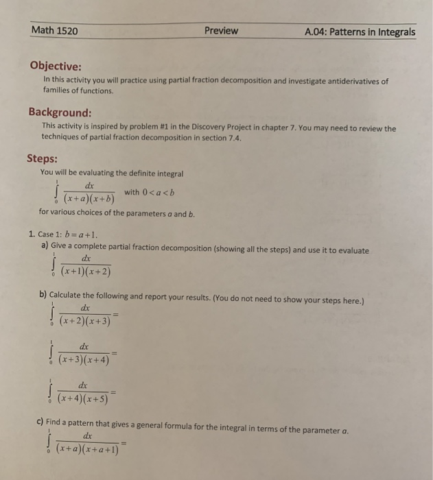 Solved Math 1520 Preview A.04: Patterns in Integrals | Chegg.com