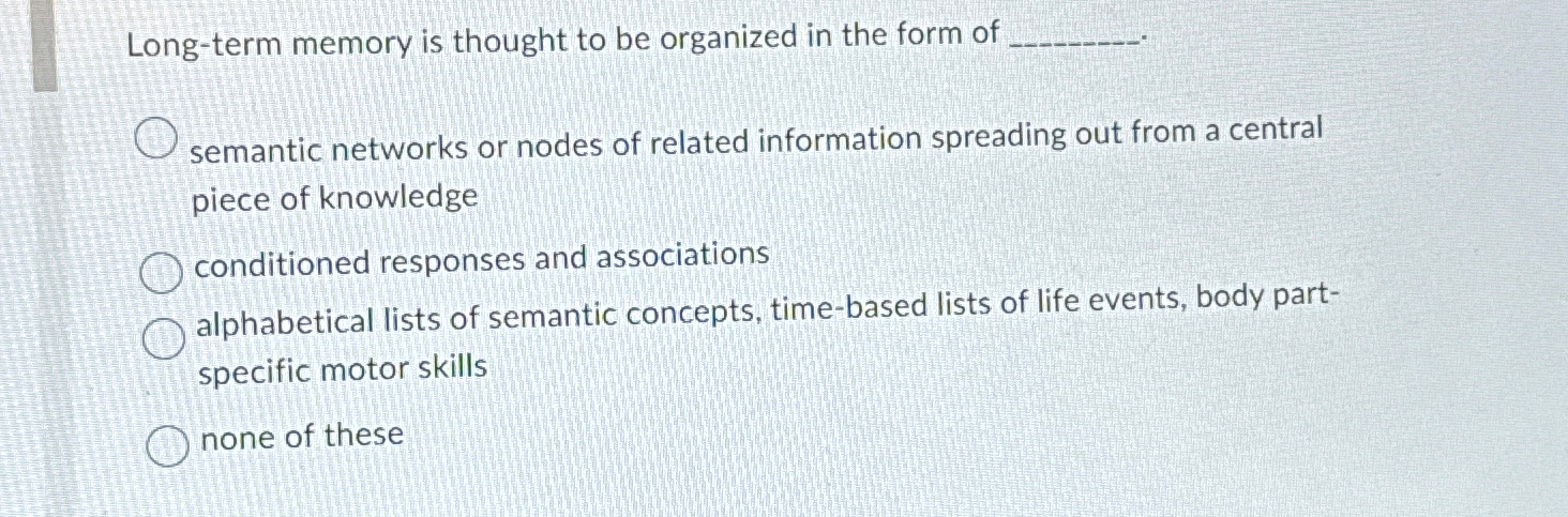 Solved Long-term memory is thought to be organized in the | Chegg.com
