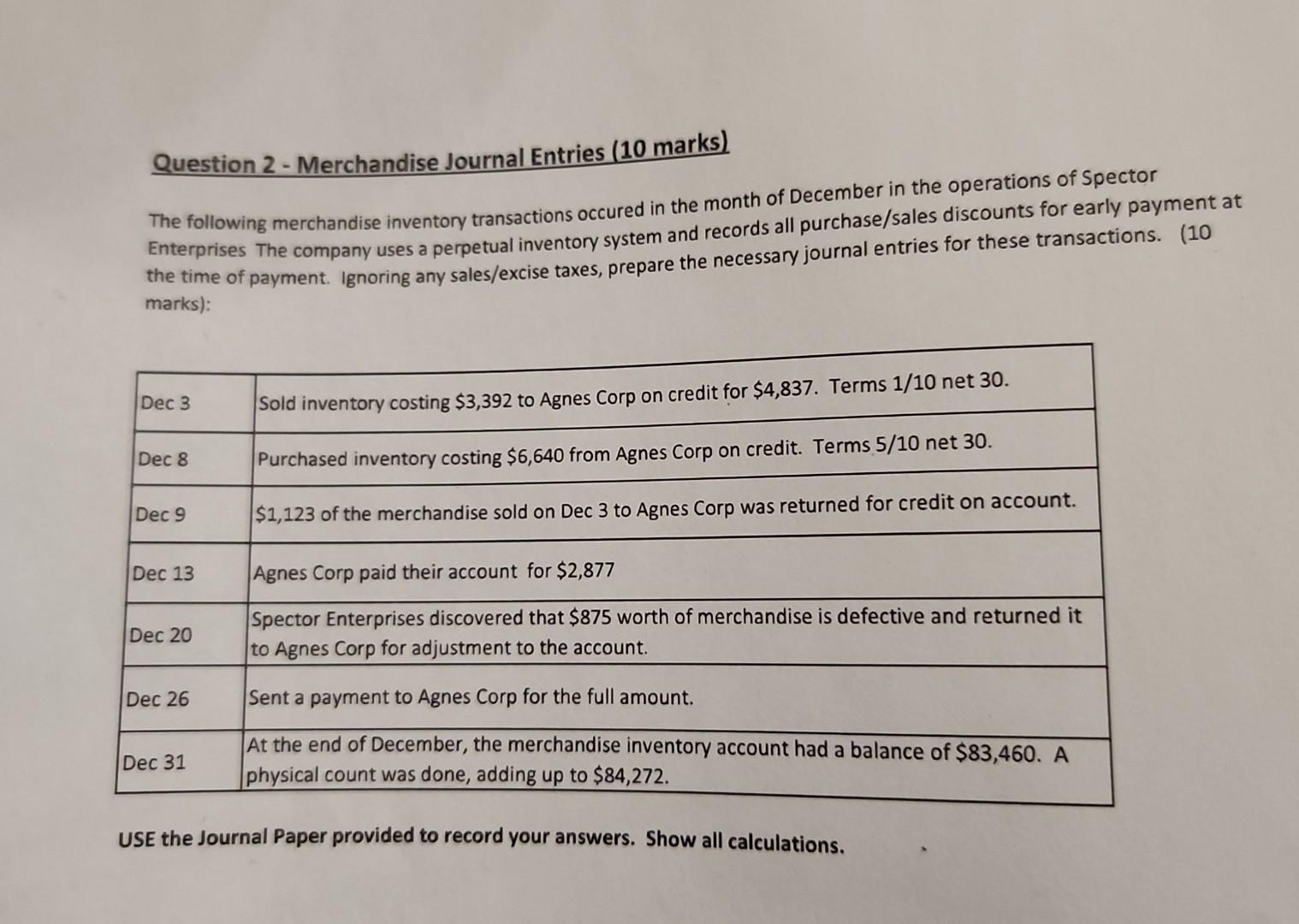 Solved Question 2 - Merchandise Journal Entries (10 marks) | Chegg.com