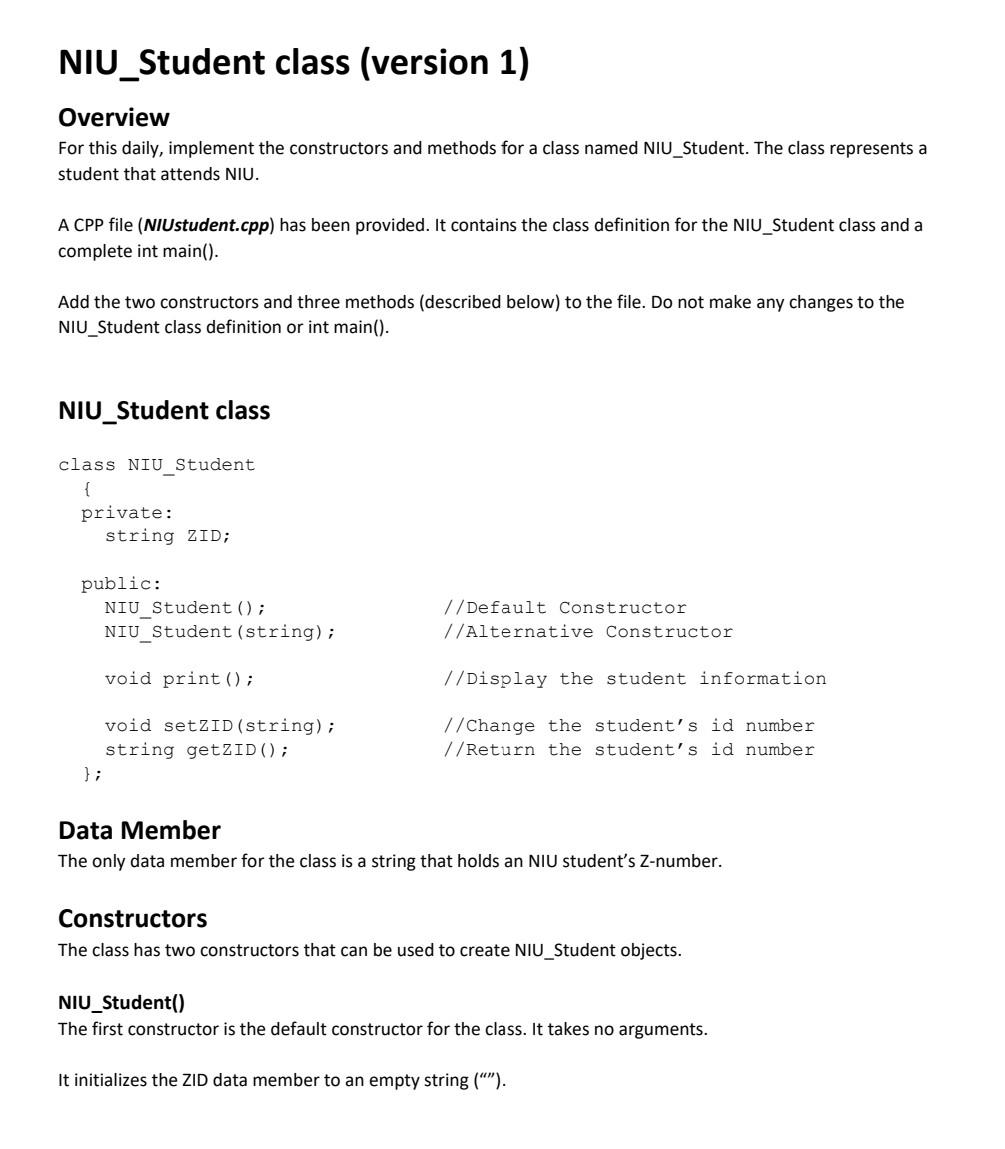 Solved //CSCI 240 - Basic NIU_Student Class Daily #include | Chegg.com