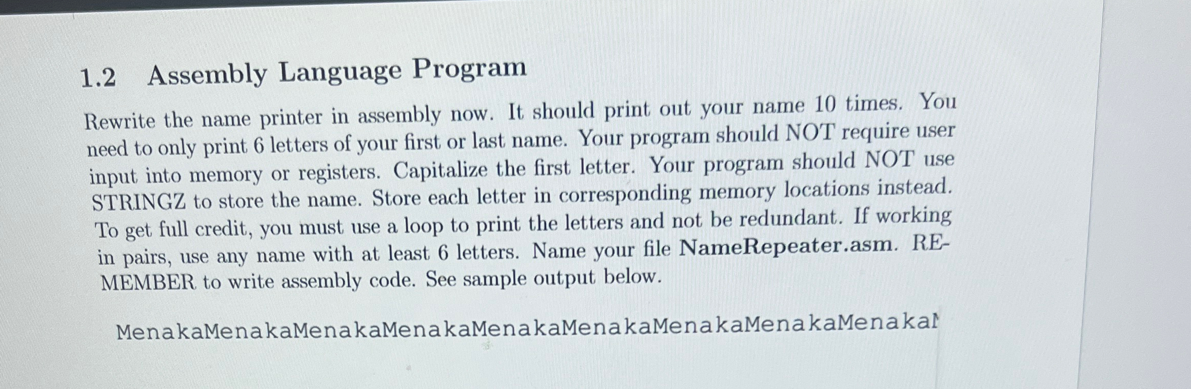 Solved 1.2 ﻿Assembly Language ProgramRewrite the name | Chegg.com