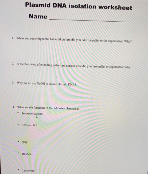 Solved Plasmid DNA isolation worksheet Name 1. When you | Chegg.com