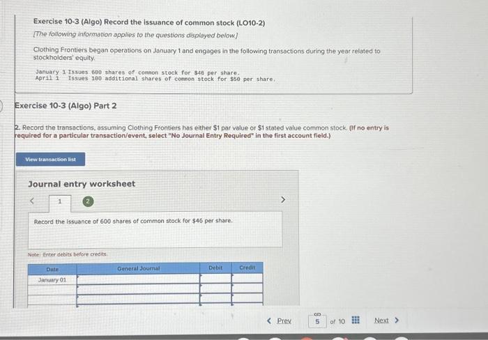 Solved Exercise 10-3 (Algo) Record the issuance of common | Chegg.com