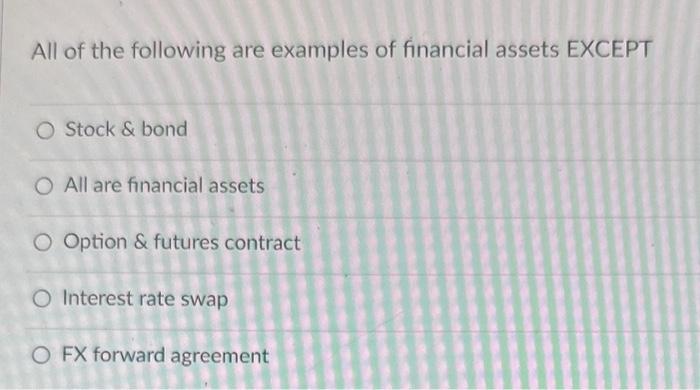 Solved All of the following are examples of financial assets | Chegg.com