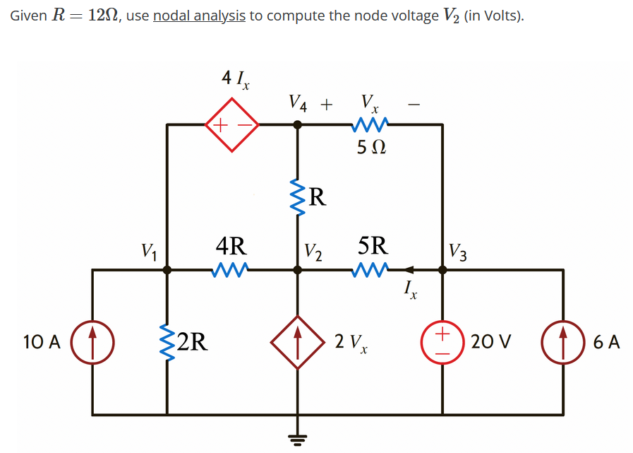 Solved Given R=12Ω, ﻿use nodal analysis to ﻿compute the node | Chegg.com