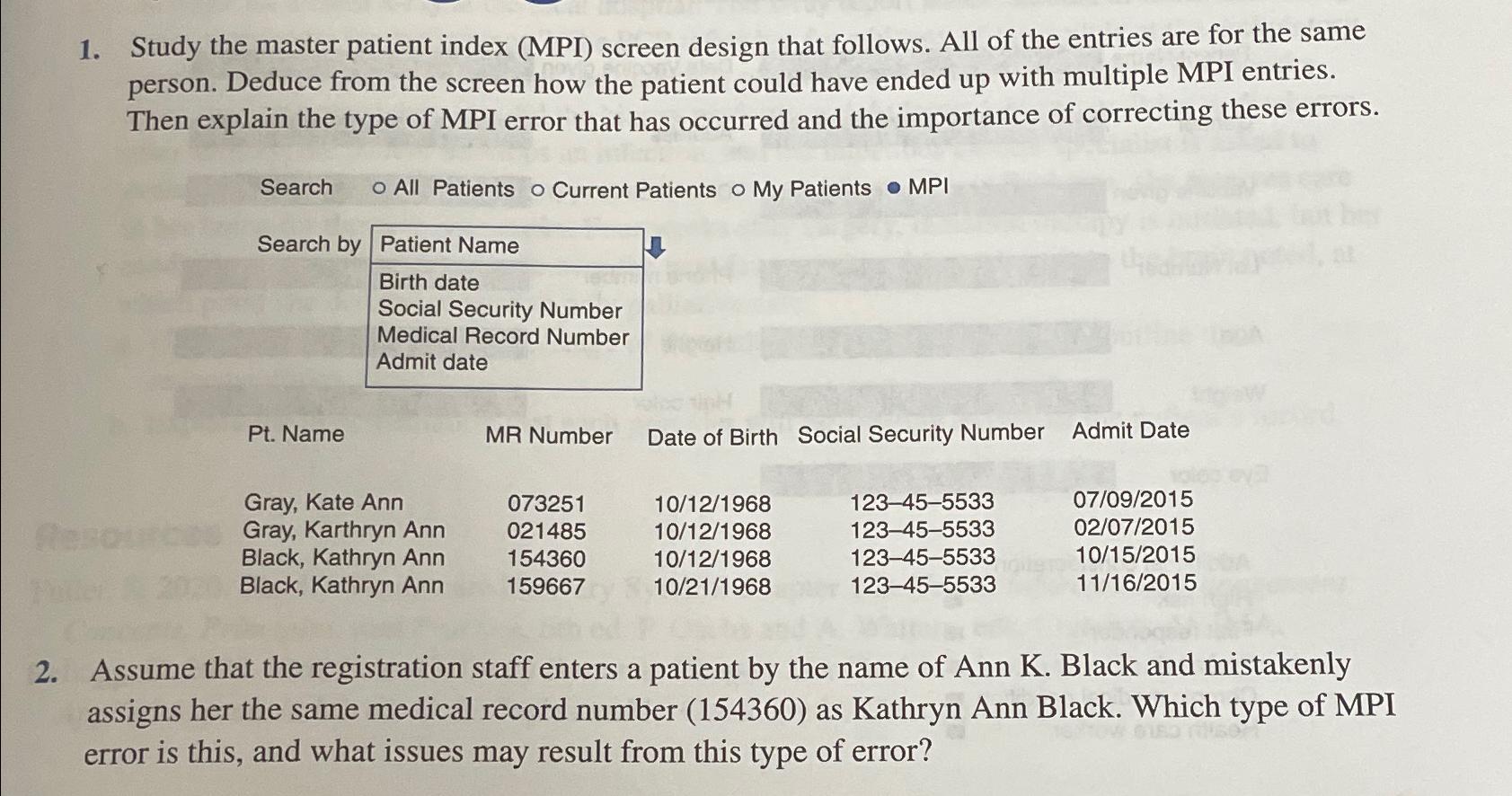 Solved Study the master patient index (MPI) ﻿screen design | Chegg.com